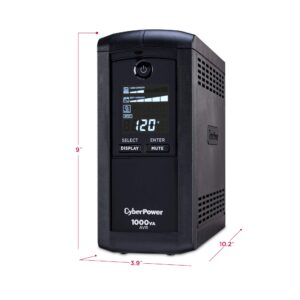 CyberPower CP1000AVRLCD Intelligent LCD UPS System, 1000VA/600W, 9 Outlets, AVR, Mini-Tower, Black