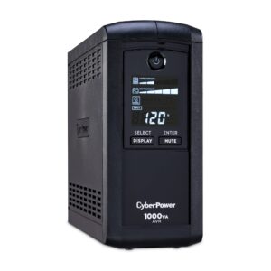 CyberPower CP1000AVRLCD Intelligent LCD UPS System, 1000VA/600W, 9 Outlets, AVR, Mini-Tower, Black