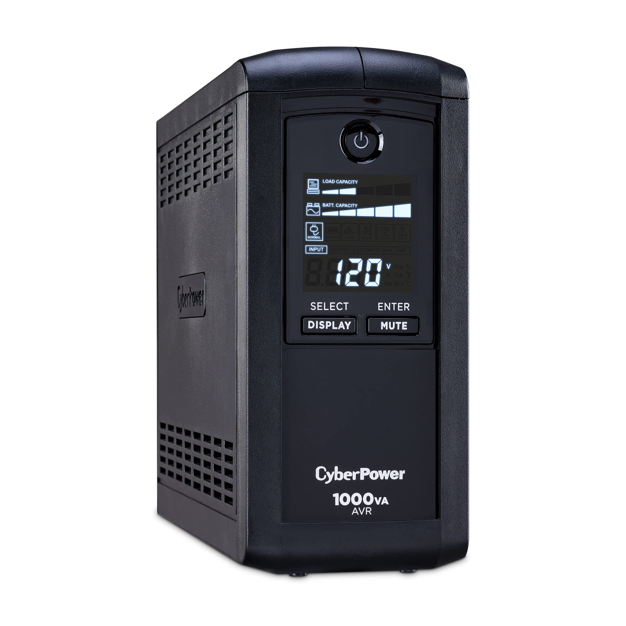 CyberPower CP1000AVRLCD Intelligent LCD UPS System, 1000VA/600W, 9 Outlets, AVR, Mini-Tower, Black