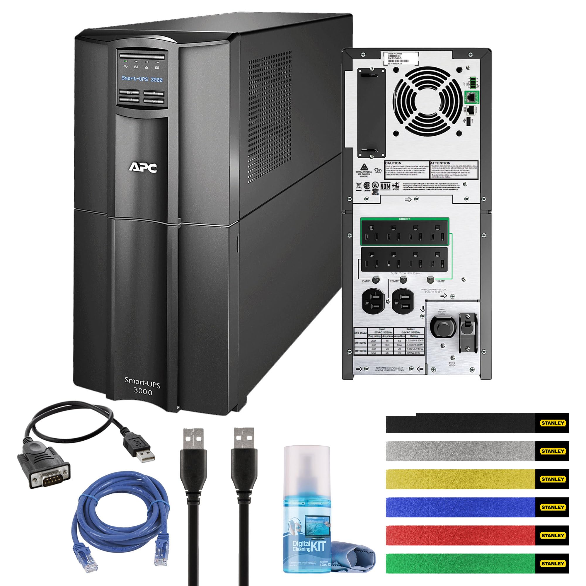 APC 3000VA Smart UPS with SmartConnect, SMT3000C Sinewave UPS Battery Backup, AVR, 120V, Line Interactive Uninterruptible Power Supply with Ethernet Cable, Wire Ties & Cleaning Kit