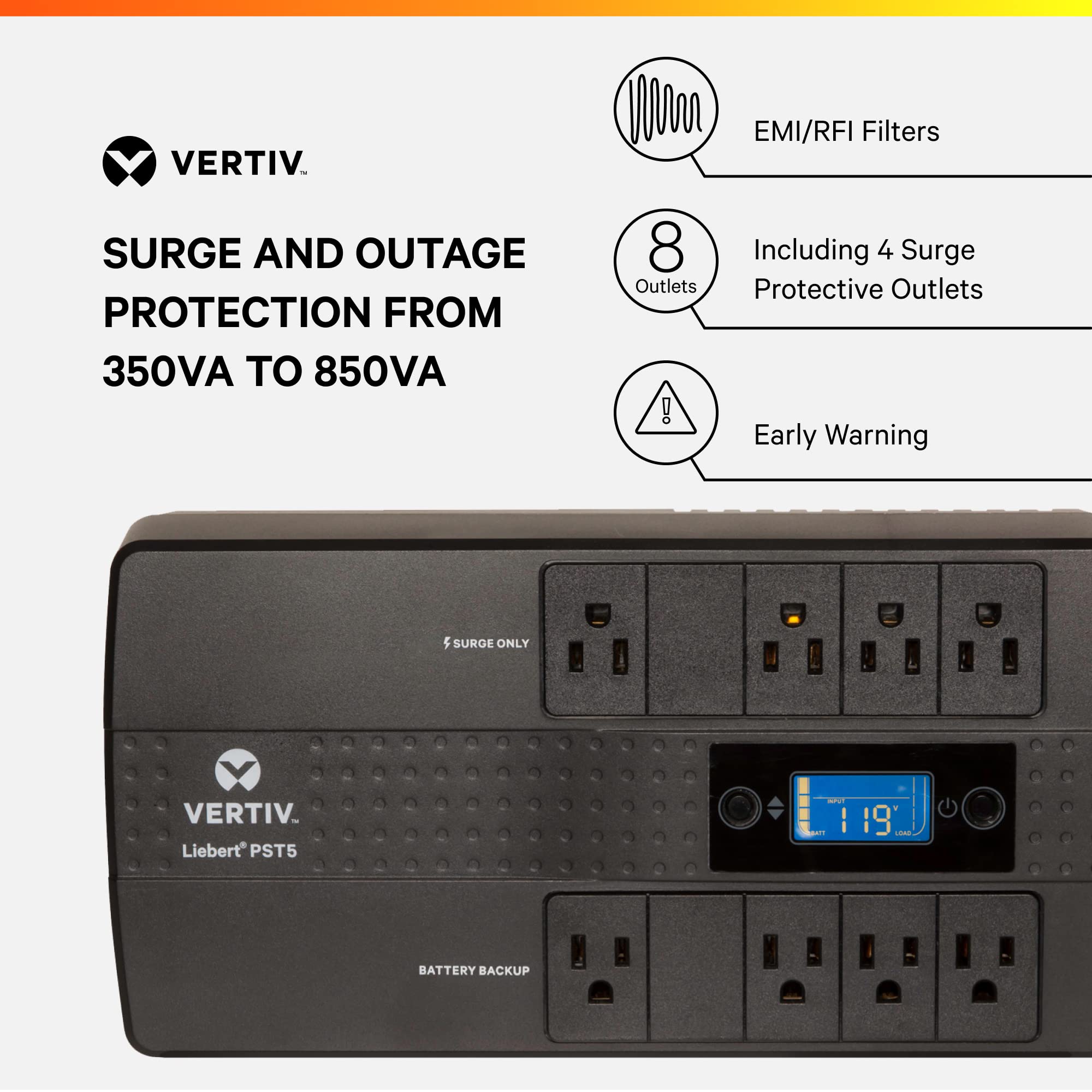 Liebert PST5 UPS - 660VA/400W 120V, LCD Monitoring Screen, Standby Power, 8 Outlets, USB Charging, 3 Year Warranty, Uninterruptible Power Supply, Battery Backup with Surge Protection (PST5-660MT120)