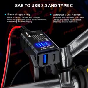 BATIGE Motorcycle USB Charger SAE to USB Adapter Type C and Quick Charge USB 3.0 with Voltmeter, ON/Off Switch and 3.6FT SAE Extension Cable Waterproof 3 Install Options for GPS Smartphone Camera