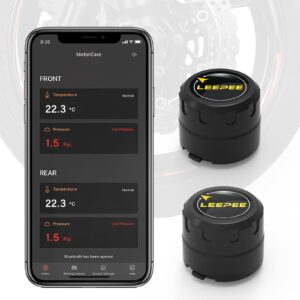 leepee motorcycle tire pressure monitoring system, tire pressure and temperature alarm, wireless motorcycle tpms with 2 external sensors, support ios and android