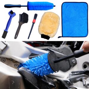 motorcycle cleaning brush kit 6 pack, easy reach brush, chain brush,wool wash mitt, stiff tire brush, detailing brush& microfiber towel for motorcycle mudguard, rims,exhaust, frame detailing wash kit