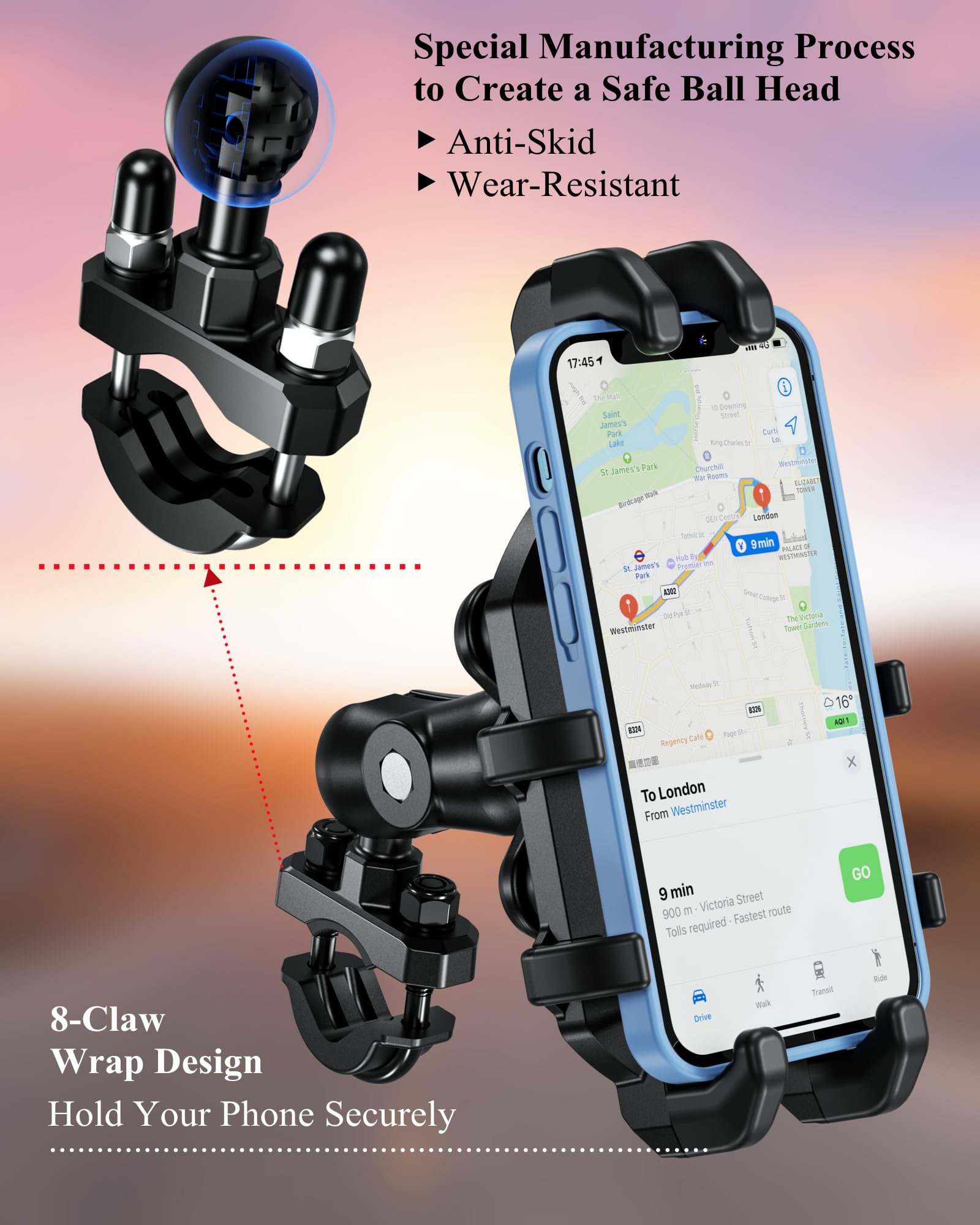 BRCOVAN Motorcycle Phone Holder with Vibration Dampener, Anti-Shake Motorcycle Phone Mount, Adjustable Handlebar CellPhone Holder for Motorcycle Bike Bicycle Scooter ATV Fit 5.4''-7.2'' Smartphone