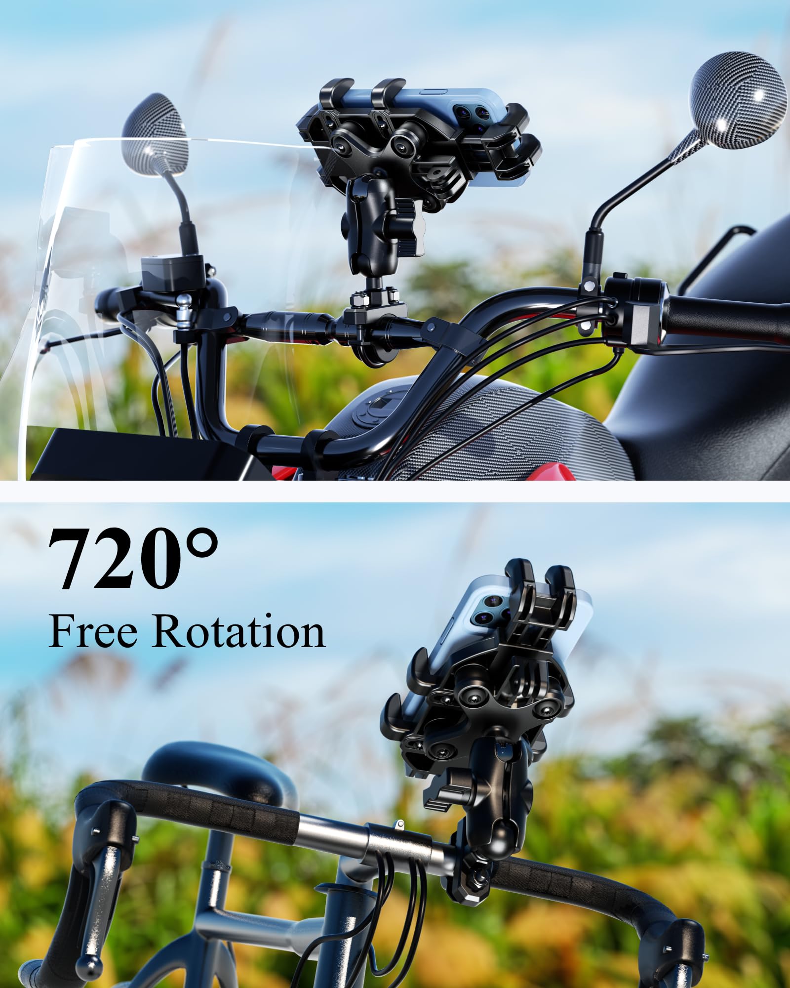 BRCOVAN Motorcycle Phone Holder with Vibration Dampener, Anti-Shake Motorcycle Phone Mount, Adjustable Handlebar CellPhone Holder for Motorcycle Bike Bicycle Scooter ATV Fit 5.4''-7.2'' Smartphone