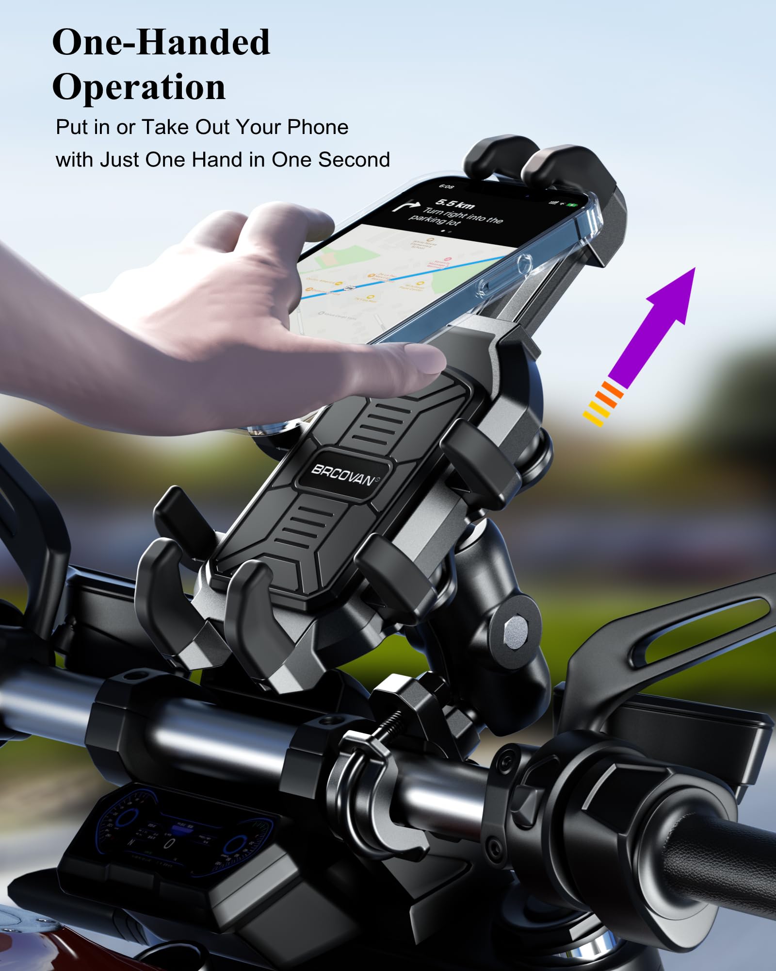 BRCOVAN Motorcycle Phone Holder with Vibration Dampener, Anti-Shake Motorcycle Phone Mount, Adjustable Handlebar CellPhone Holder for Motorcycle Bike Bicycle Scooter ATV Fit 5.4''-7.2'' Smartphone