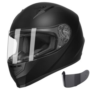 glx gx11 compact lightweight full face motorcycle street bike helmet with extra tinted visor dot approved (matte black, medium)