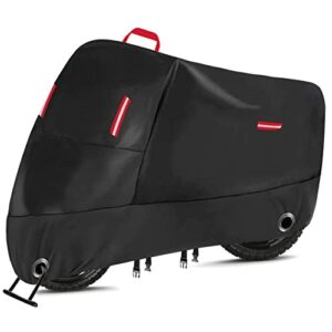 300d upgraded heavy duty motorcycle cover, all season waterproof outdoor protection scooter cover with 2 lock-holes and 4 reflective strips fits up to 98" honda yamaha harley suzuki kawasaki (xxl)