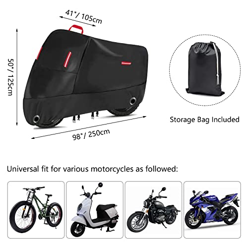 300D Upgraded Heavy Duty Motorcycle Cover, All Season Waterproof Outdoor Protection Scooter Cover with 2 Lock-Holes and 4 Reflective Strips Fits up to 98" Honda Yamaha Harley Suzuki Kawasaki (XXL)