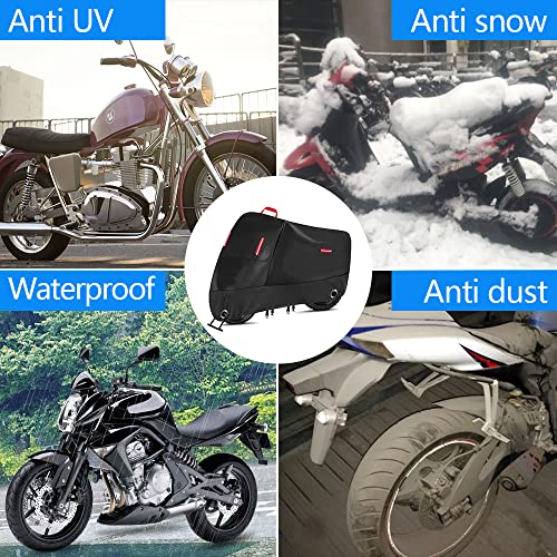 300D Upgraded Heavy Duty Motorcycle Cover, All Season Waterproof Outdoor Protection Scooter Cover with 2 Lock-Holes and 4 Reflective Strips Fits up to 98" Honda Yamaha Harley Suzuki Kawasaki (XXL)