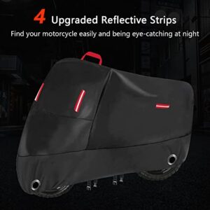 300D Upgraded Heavy Duty Motorcycle Cover, All Season Waterproof Outdoor Protection Scooter Cover with 2 Lock-Holes and 4 Reflective Strips Fits up to 98" Honda Yamaha Harley Suzuki Kawasaki (XXL)