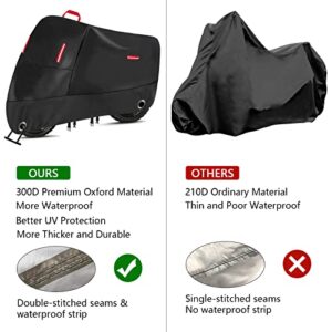 300D Upgraded Heavy Duty Motorcycle Cover, All Season Waterproof Outdoor Protection Scooter Cover with 2 Lock-Holes and 4 Reflective Strips Fits up to 98" Honda Yamaha Harley Suzuki Kawasaki (XXL)