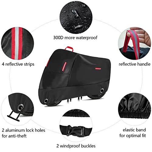 300D Upgraded Heavy Duty Motorcycle Cover, All Season Waterproof Outdoor Protection Scooter Cover with 2 Lock-Holes and 4 Reflective Strips Fits up to 98" Honda Yamaha Harley Suzuki Kawasaki (XXL)