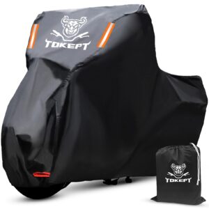 tokept black motorcycle cover, 210d oxford fabric all weather water sun protection, 116 inch vehicle cover for harley davidson honda suzuki kawasaki yamaha (xxxl)