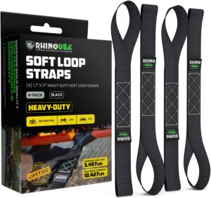 rhino usa soft loop motorcycle tie-down straps (4pk) - 10,427lb max break strength 1.7" x 17" heavy-duty tie downs for use w/ratchet strap (black 4-pack.)