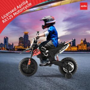 INFANS Kids Motorcycle 12V, Licensed Aprilia RX125 Electric Ride on Motorbike for Toddlers with Training Wheels, Spring Suspension, Headlight, Music, Children Ages 3-8 (Red)