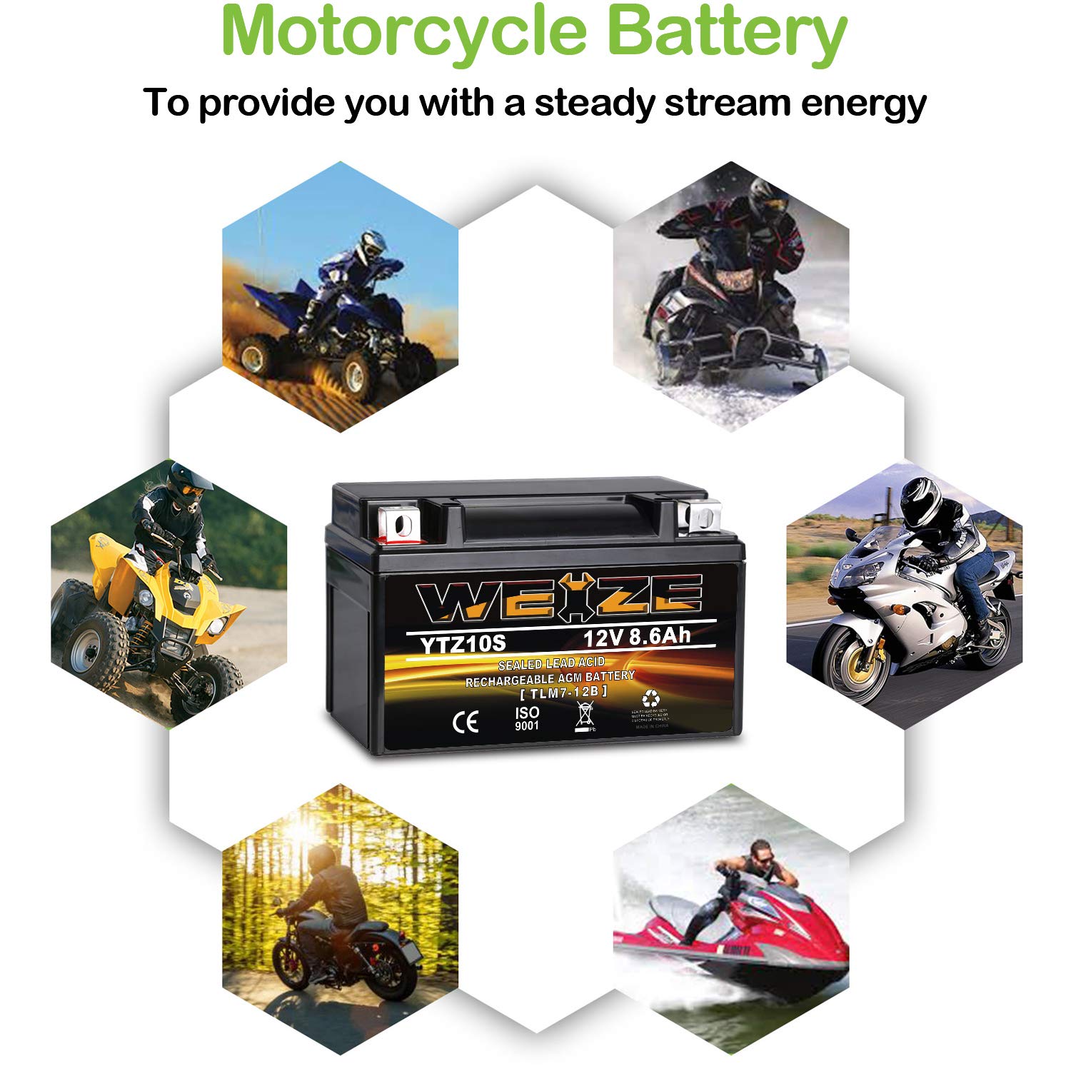 Weize YTZ10S-BS High Performance - Maintenance Free - Sealed AGM Motorcycle Battery Compatible With Yamaha Honda