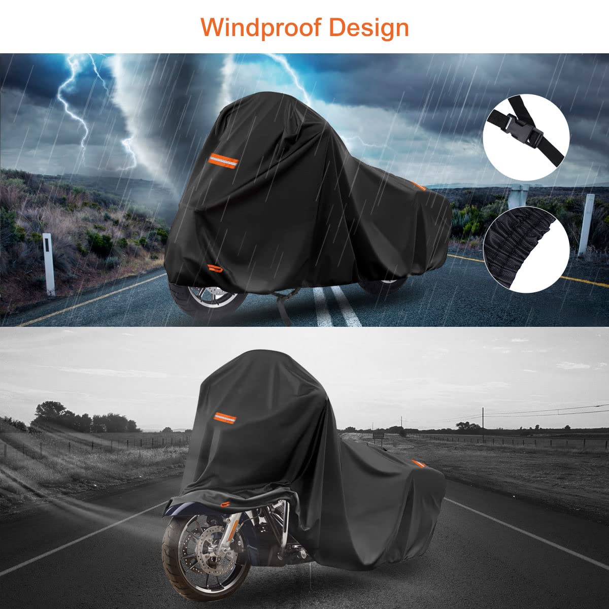 300D Motorcycle Cover for Touring Models Road King Street Glide Road Glide Outdoor Bike Cover Windproof Heavy Duty Waterproof Protection Fits up to 118” Motorcycles