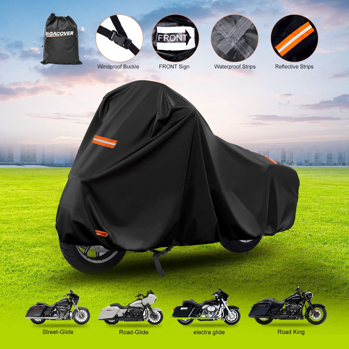 300D Motorcycle Cover for Touring Models Road King Street Glide Road Glide Outdoor Bike Cover Windproof Heavy Duty Waterproof Protection Fits up to 118” Motorcycles