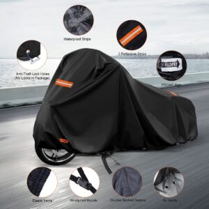 300D Motorcycle Cover for Touring Models Road King Street Glide Road Glide Outdoor Bike Cover Windproof Heavy Duty Waterproof Protection Fits up to 118” Motorcycles