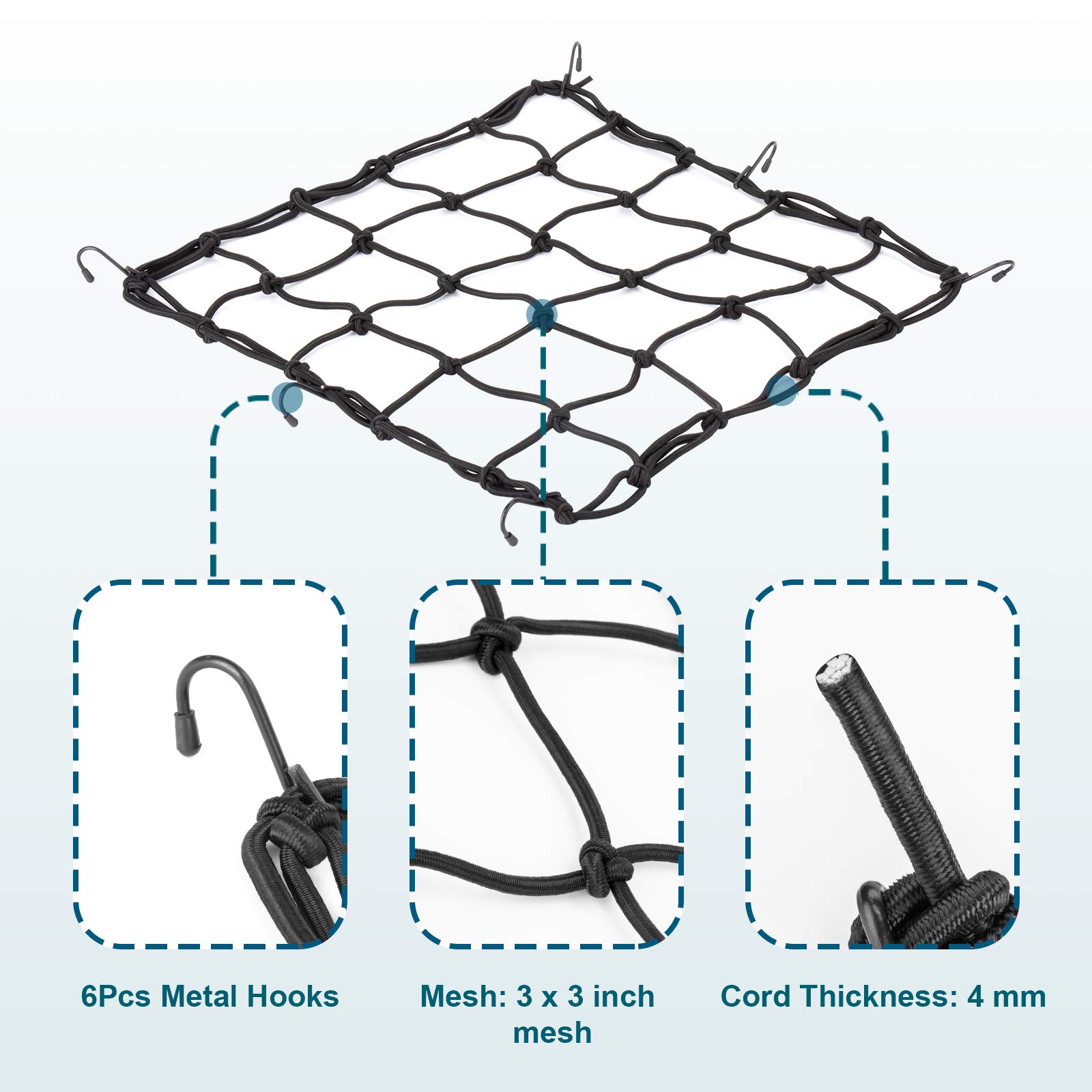 2Pack15.7 x15.7 Cargo Net, Made of Rubber Heavy Duty Bungee Net Stretches to 31.5"x31.5", Gear Helmet Luggage Thicken Netting with 3"x3" Small Mesh &6Adjustable Metal Hooks for Motorcycle, Bike, ATV