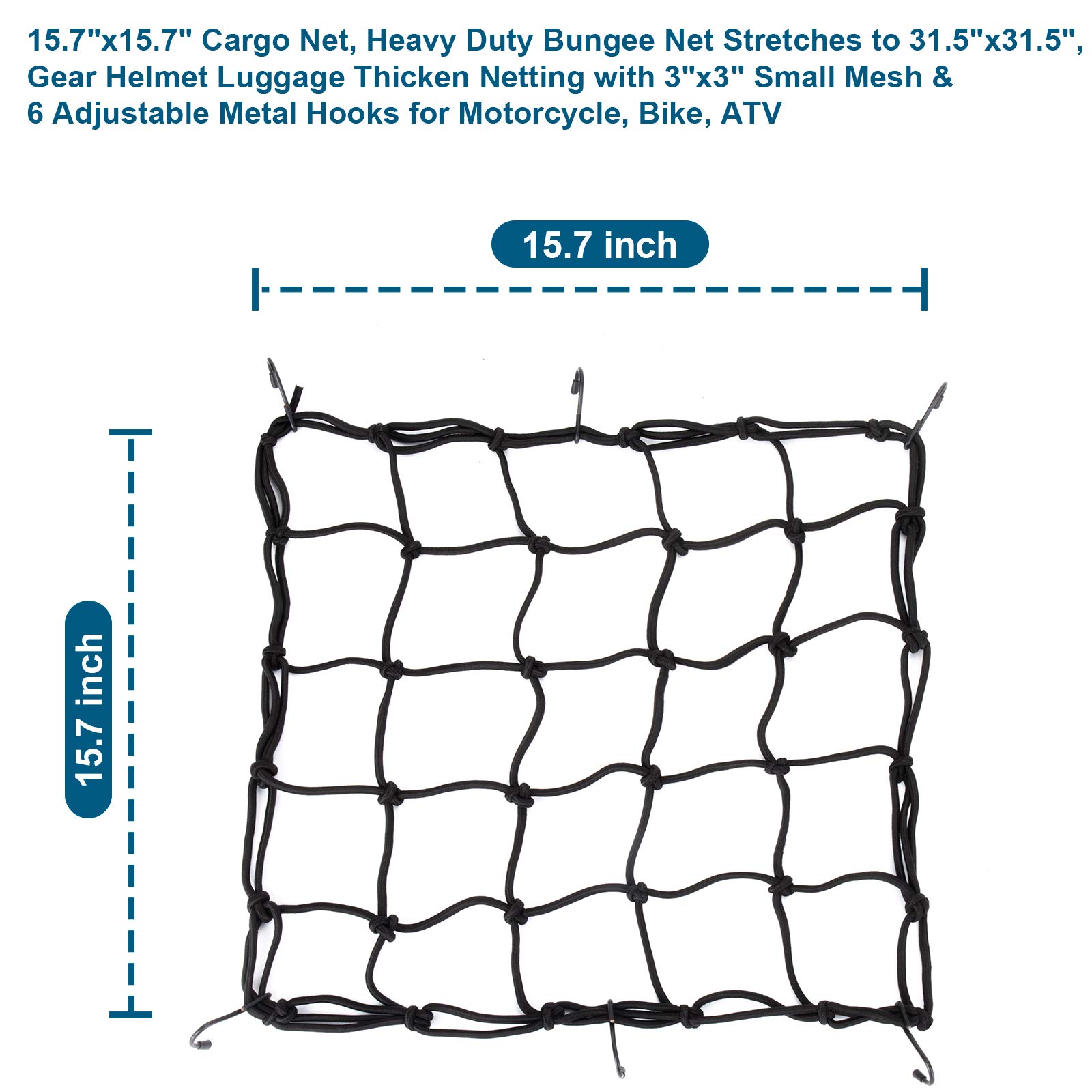 2Pack15.7 x15.7 Cargo Net, Made of Rubber Heavy Duty Bungee Net Stretches to 31.5"x31.5", Gear Helmet Luggage Thicken Netting with 3"x3" Small Mesh &6Adjustable Metal Hooks for Motorcycle, Bike, ATV