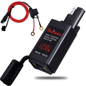 suuwer 4.8a motorcycle usb charger, quick disconnect sae to dual usb adapter motorcycle phone charger, with led voltmeter & on/off switch