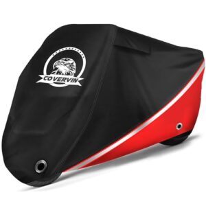 covervin motorcycle cover, all weather outdoor waterproof night protection with reflective strips, locking holes and storage bag for 96 inch suzuki, kawasaki, honda, harley-davidson(red xl)