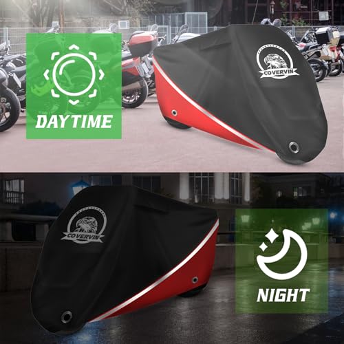 COVERVIN Motorcycle Cover, All Weather Outdoor Waterproof Night Protection with Reflective Strips, Locking Holes and Storage Bag for 96 Inch Suzuki, Kawasaki, Honda, Harley-Davidson(Red XL)