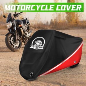 COVERVIN Motorcycle Cover, All Weather Outdoor Waterproof Night Protection with Reflective Strips, Locking Holes and Storage Bag for 96 Inch Suzuki, Kawasaki, Honda, Harley-Davidson(Red XL)