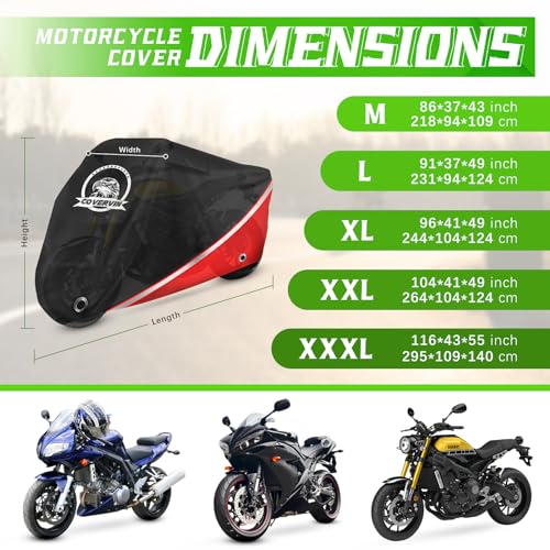 COVERVIN Motorcycle Cover, All Weather Outdoor Waterproof Night Protection with Reflective Strips, Locking Holes and Storage Bag for 96 Inch Suzuki, Kawasaki, Honda, Harley-Davidson(Red XL)