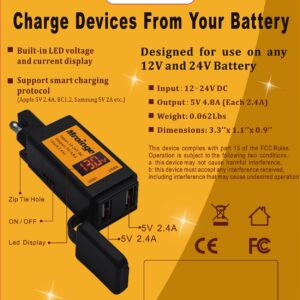 Motorcycle USB Charger, Mroinge 4.8A SAE to USB Adapter with Voltmeter & Ammeter, Quick Disconnect Plug with Dual USB Charger Perfect for Smart Device Charging, with ON/OFF Switch & Waterproof Cover