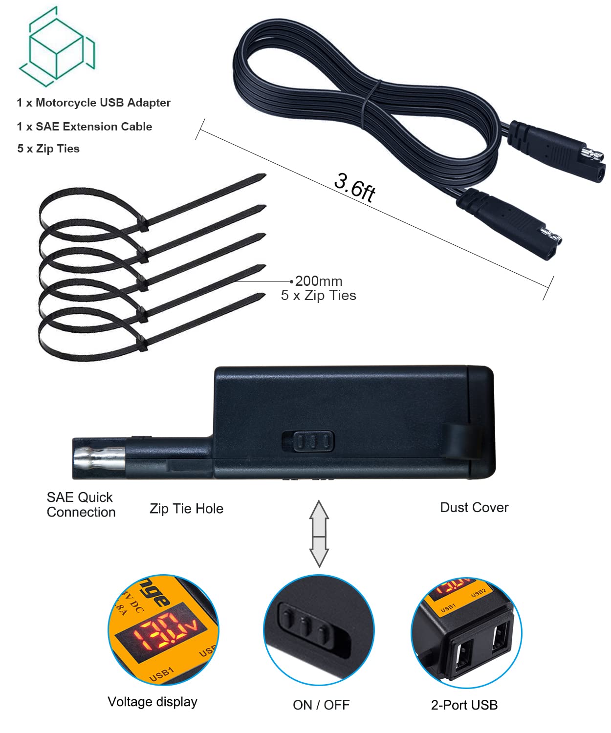 Motorcycle USB Charger, Mroinge 4.8A SAE to USB Adapter with Voltmeter & Ammeter, Quick Disconnect Plug with Dual USB Charger Perfect for Smart Device Charging, with ON/OFF Switch & Waterproof Cover