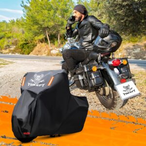 Tokept Black Motorcycle Cover, 210D Oxford Fabric All Weather Water Sun Protection, 96 inch Vehicle Cover for Harley Davidson Honda Suzuki Kawasaki Yamaha (XL)