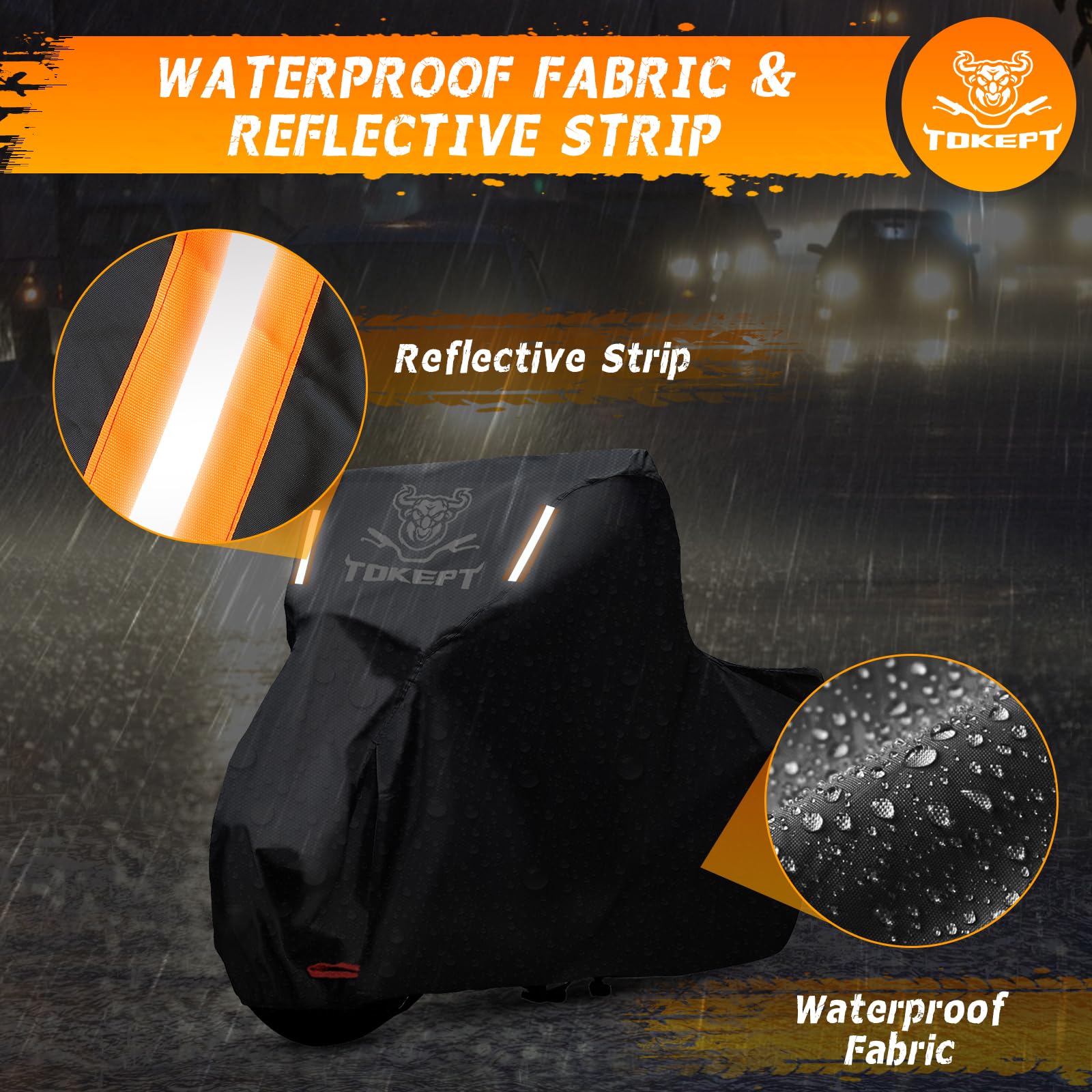 Tokept Black Motorcycle Cover, 210D Oxford Fabric All Weather Water Sun Protection, 96 inch Vehicle Cover for Harley Davidson Honda Suzuki Kawasaki Yamaha (XL)