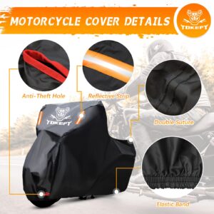 Tokept Black Motorcycle Cover, 210D Oxford Fabric All Weather Water Sun Protection, 96 inch Vehicle Cover for Harley Davidson Honda Suzuki Kawasaki Yamaha (XL)