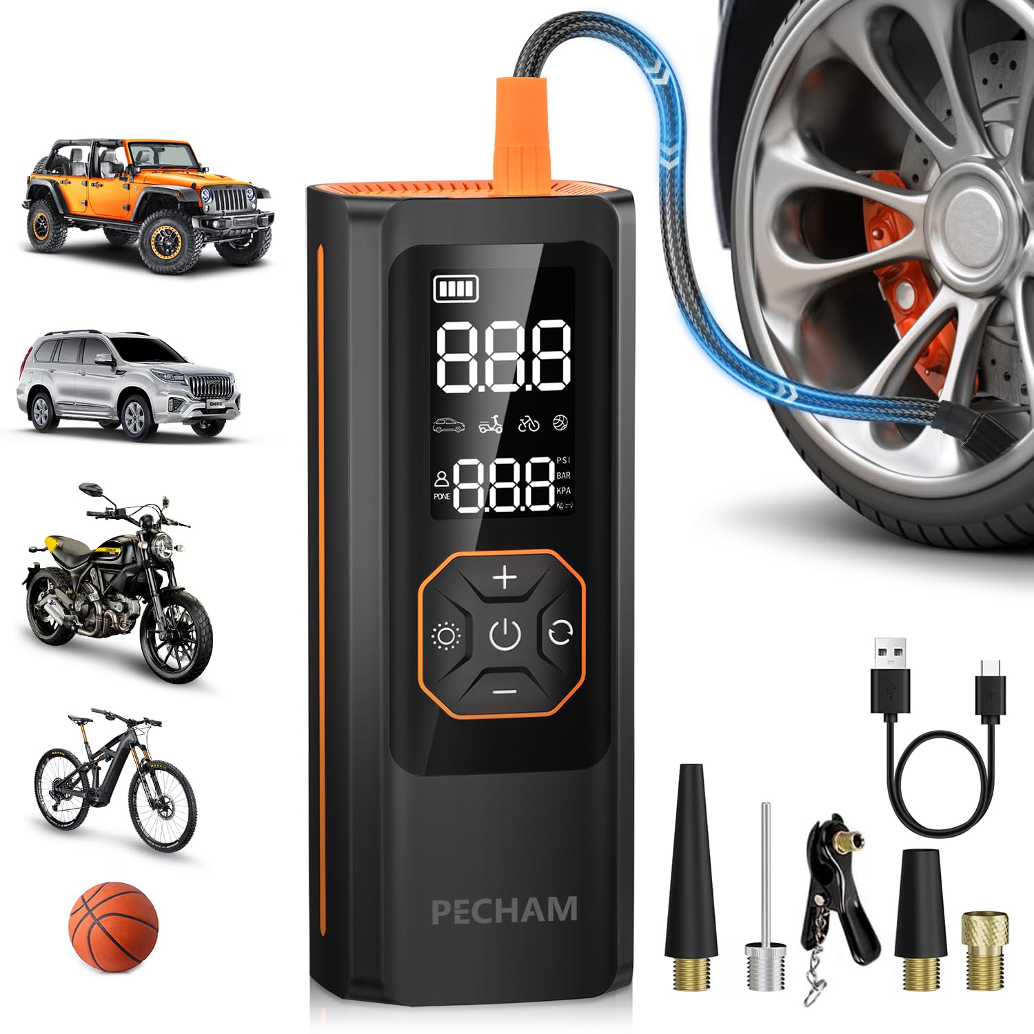 PECHAM Tire Inflator Portable Air Compressor,USB 5V 8000mAh Battery 150 PSI Cordless Tire Pump Electric Air Pump for Car Tires,Fits Car/Truck/Motorcycle/Balls/Bicycles