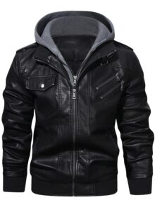 hood crew men’s casual stand collar pu faux leather zip-up motorcycle bomber jacket with a removable hood