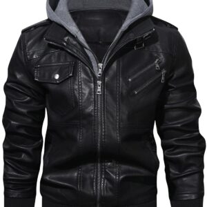 HOOD CREW Men’s Casual Stand Collar PU Faux Leather Zip-Up Motorcycle Bomber Jacket With a Removable Hood