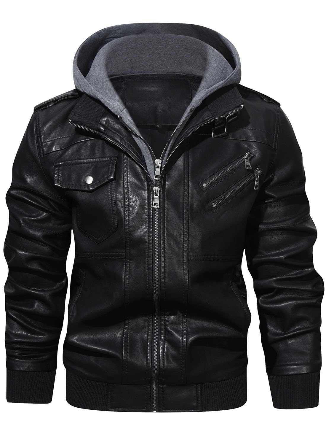 HOOD CREW Men’s Casual Stand Collar PU Faux Leather Zip-Up Motorcycle Bomber Jacket With a Removable Hood