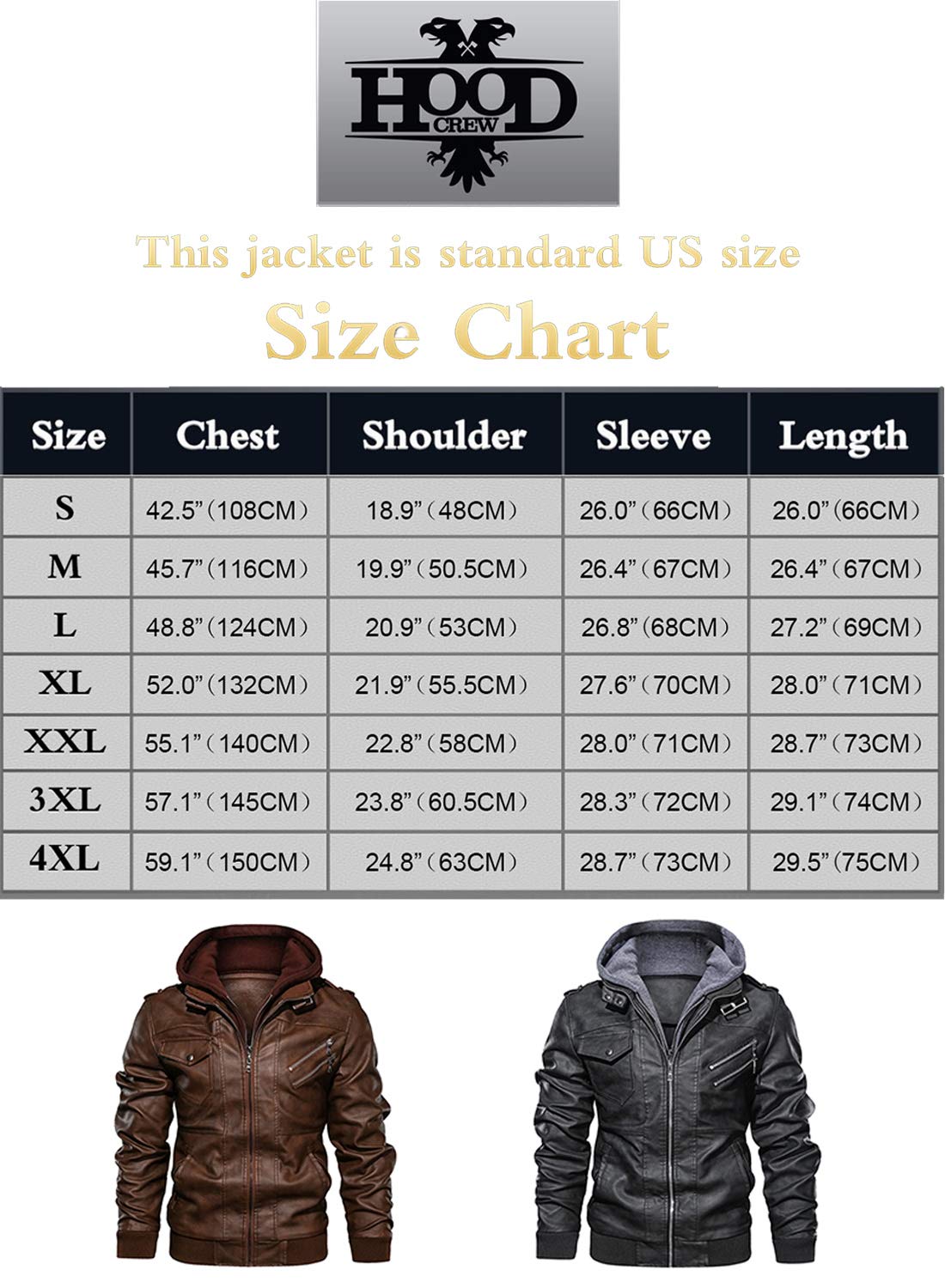 HOOD CREW Men’s Casual Stand Collar PU Faux Leather Zip-Up Motorcycle Bomber Jacket With a Removable Hood