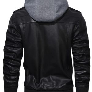 HOOD CREW Men’s Casual Stand Collar PU Faux Leather Zip-Up Motorcycle Bomber Jacket With a Removable Hood