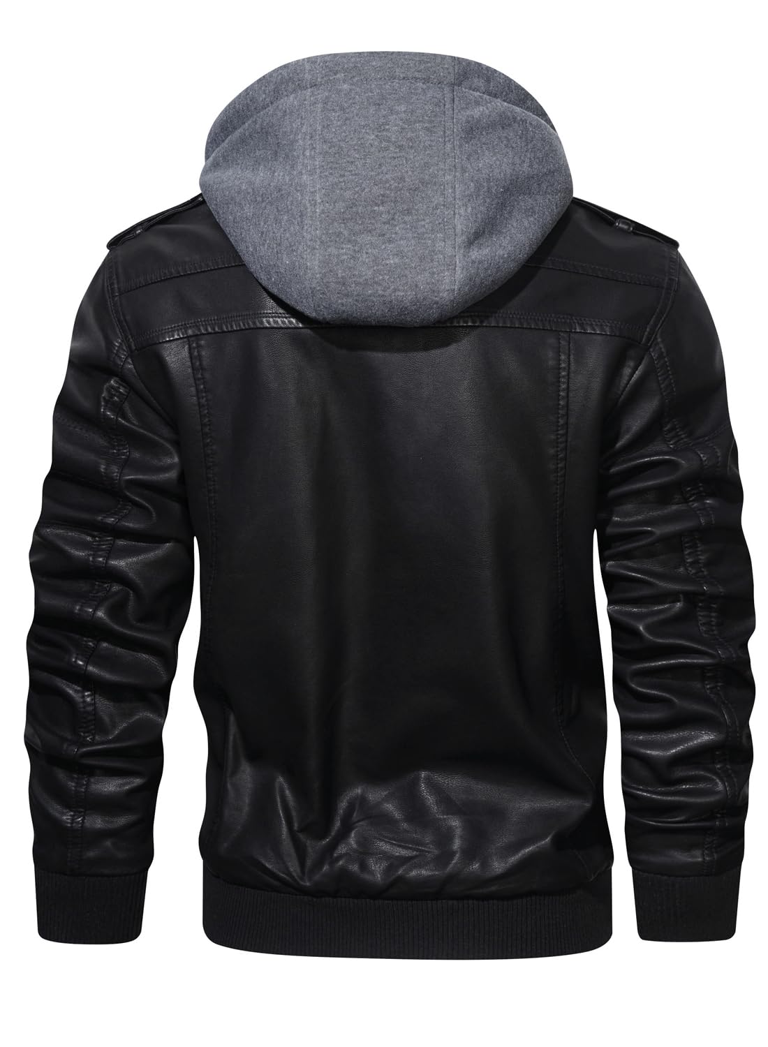 HOOD CREW Men’s Casual Stand Collar PU Faux Leather Zip-Up Motorcycle Bomber Jacket With a Removable Hood