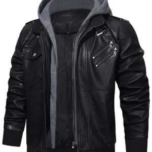 HOOD CREW Men’s Casual Stand Collar PU Faux Leather Zip-Up Motorcycle Bomber Jacket With a Removable Hood