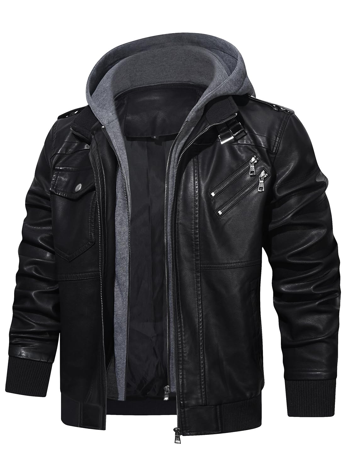 HOOD CREW Men’s Casual Stand Collar PU Faux Leather Zip-Up Motorcycle Bomber Jacket With a Removable Hood