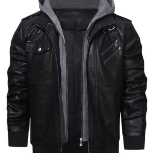 HOOD CREW Men’s Casual Stand Collar PU Faux Leather Zip-Up Motorcycle Bomber Jacket With a Removable Hood