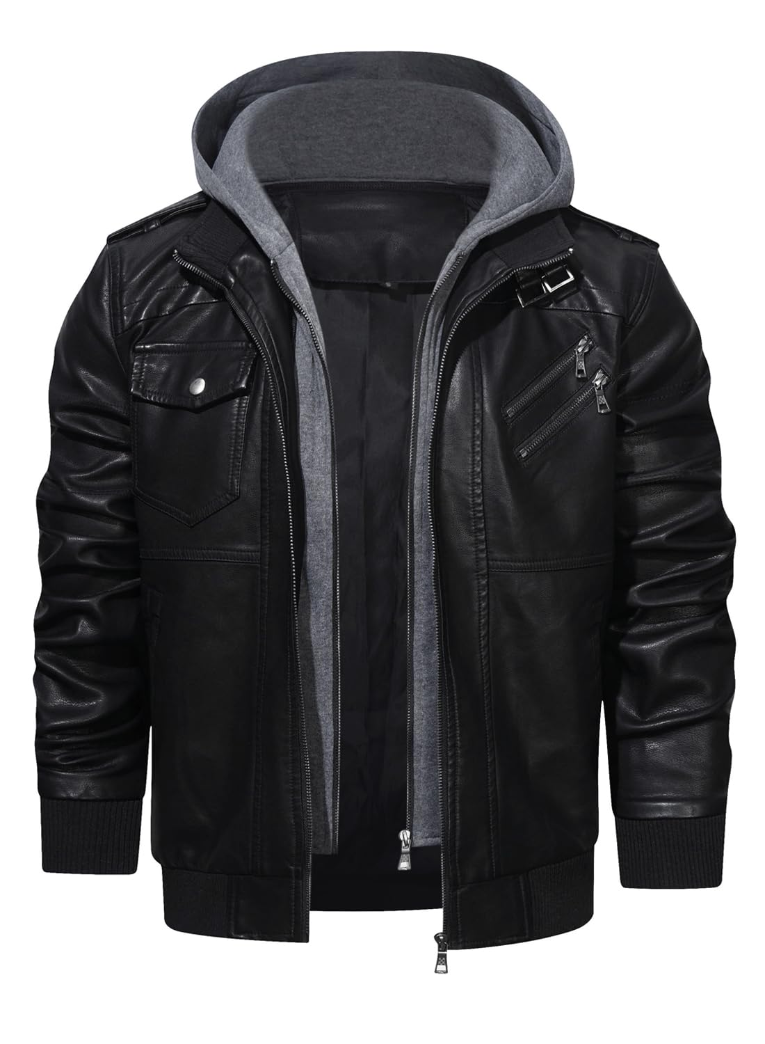 HOOD CREW Men’s Casual Stand Collar PU Faux Leather Zip-Up Motorcycle Bomber Jacket With a Removable Hood