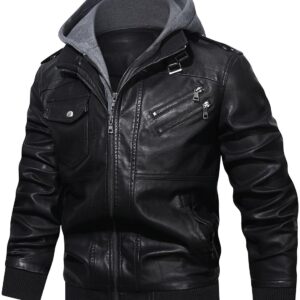 HOOD CREW Men’s Casual Stand Collar PU Faux Leather Zip-Up Motorcycle Bomber Jacket With a Removable Hood