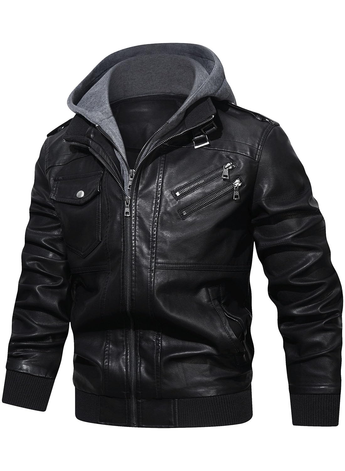 HOOD CREW Men’s Casual Stand Collar PU Faux Leather Zip-Up Motorcycle Bomber Jacket With a Removable Hood